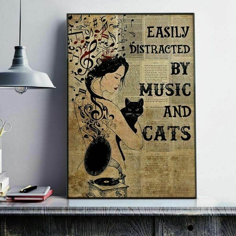 Easily Distracted By Music And Cats Black Cat And Girl Music Vintage ...